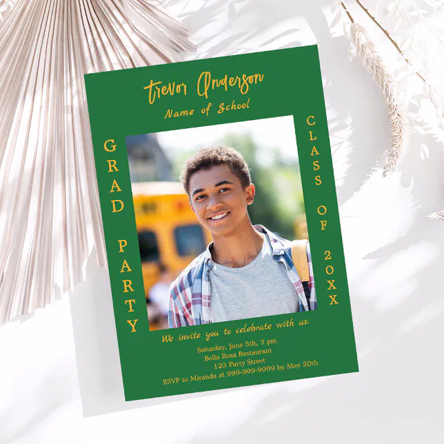Graduation party forest green gold photo invitation | Zazzle