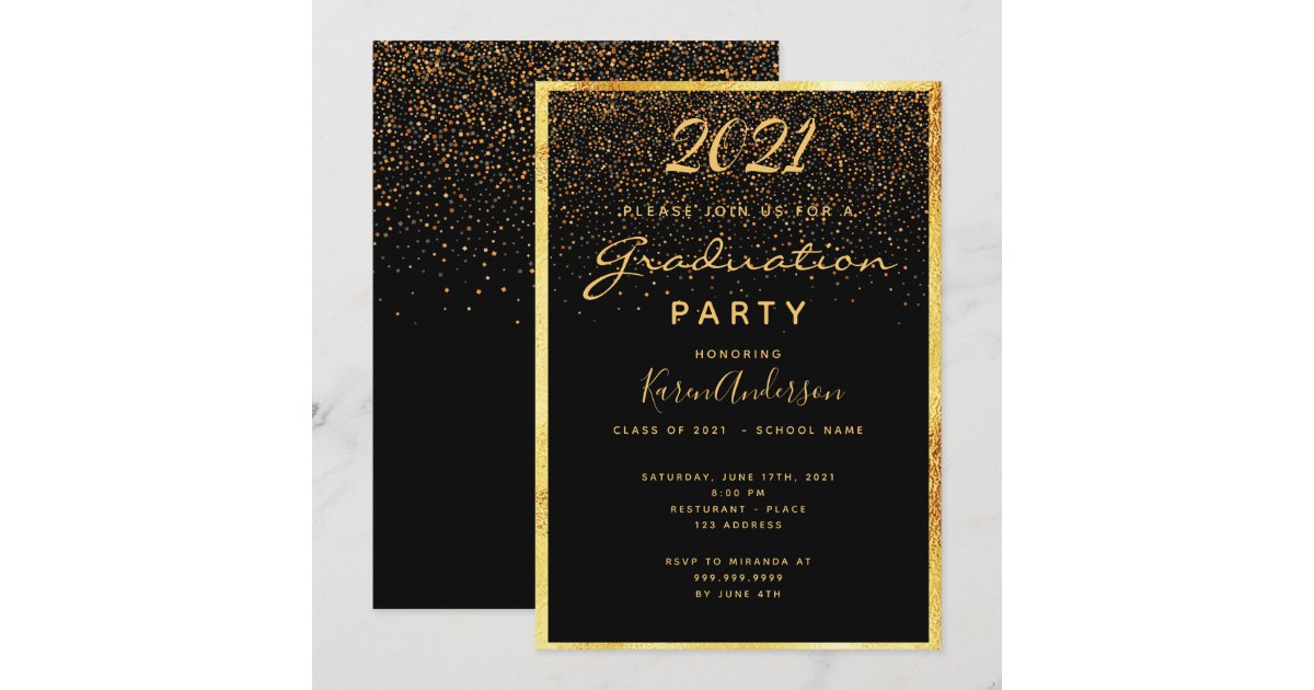 Graduation party glam black confetti gold invitation | Zazzle