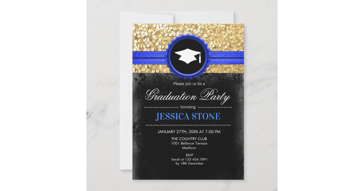 Graduation Party - Gold Black Royal Blue Invitation | Zazzle
