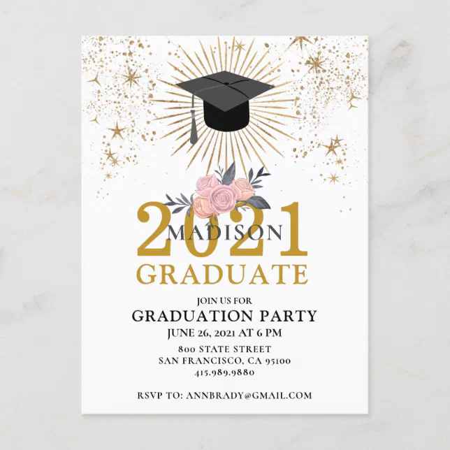 Graduation Party Gold Class Of 2021 Pink White Invitation Postcard | Zazzle