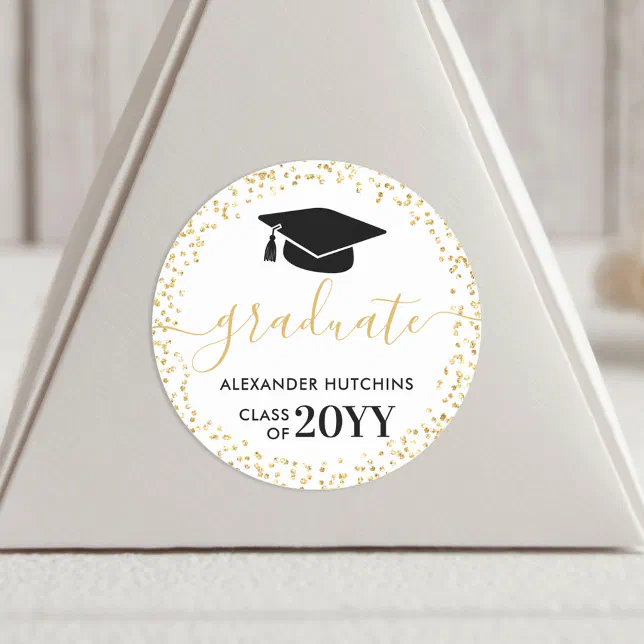 Graduation Party Gold Glitter Confetti Classic Round Sticker | Zazzle