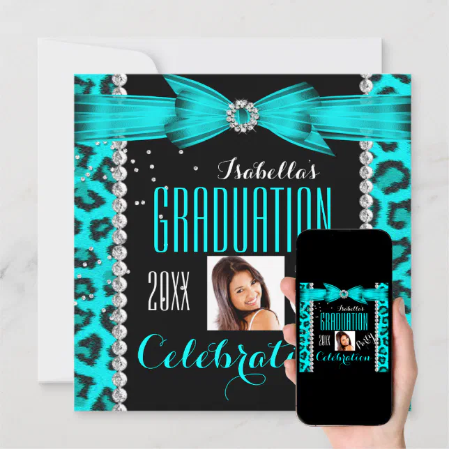 Graduation Party Grad Teal Blue Leopard Photo Invitation | Zazzle