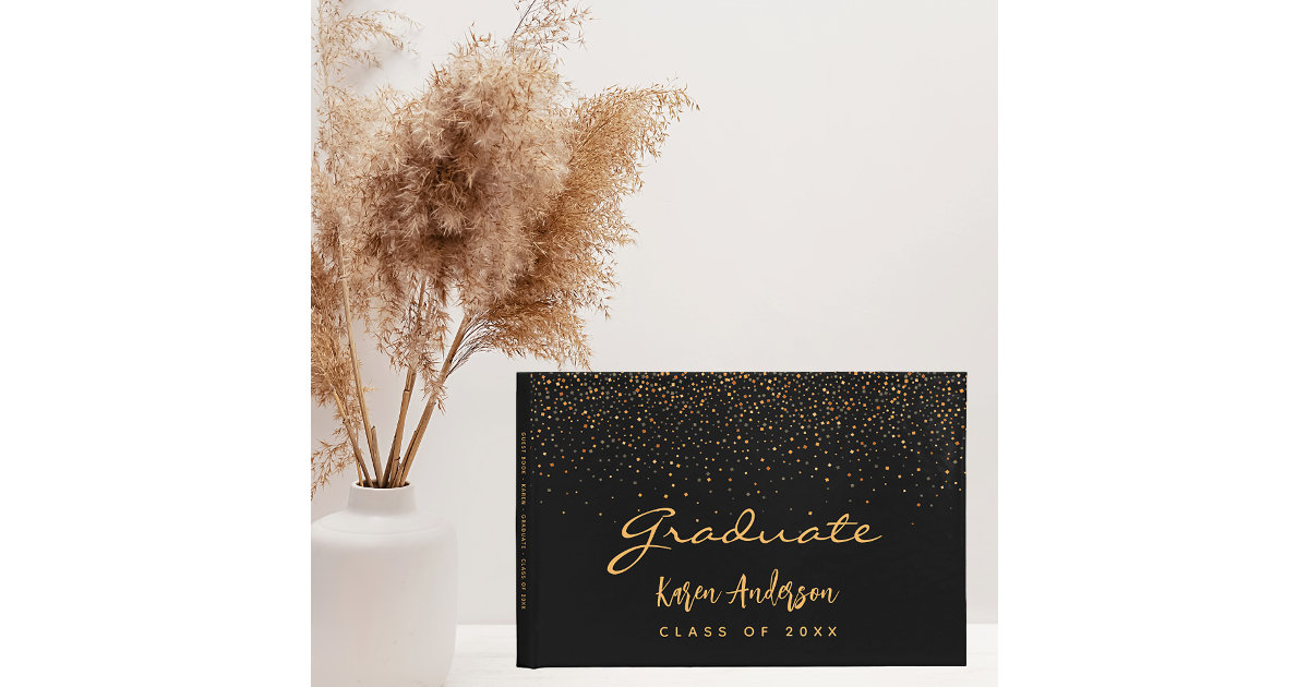 Graduation party graduate black gold confetti guest book | Zazzle