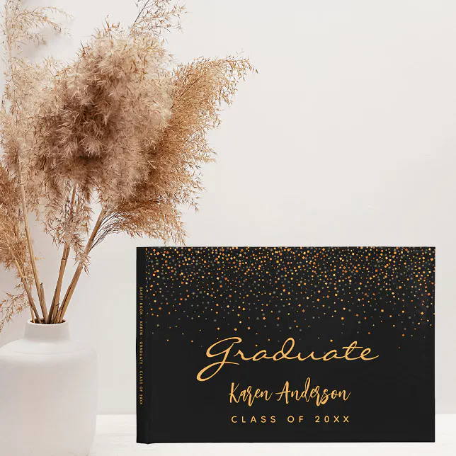 Graduation party graduate black gold confetti guest book | Zazzle