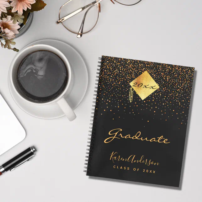 Graduation party graduate black gold confetti notebook | Zazzle