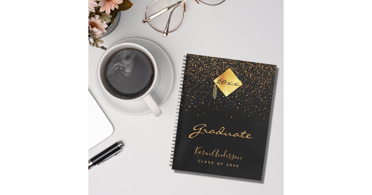 Graduation party graduate black gold confetti notebook | Zazzle