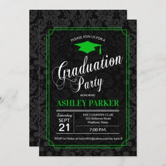 Graduation Party - Green Black White Damask Invitation | Zazzle