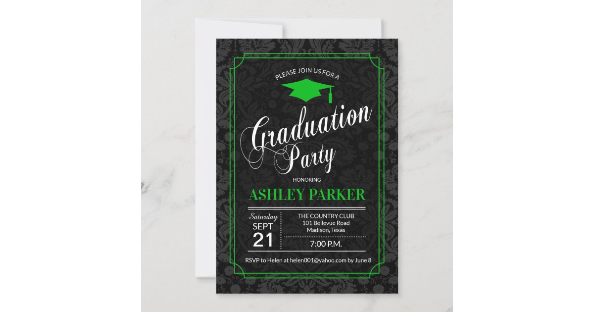 Graduation Party - Green Black White Damask Invitation | Zazzle