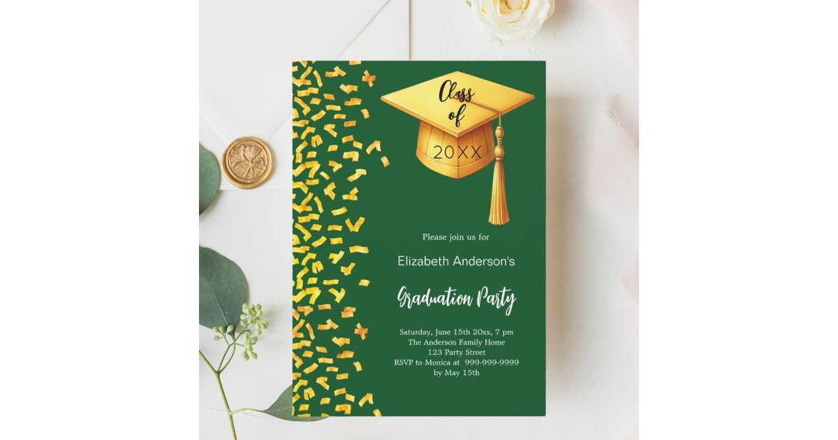 Graduation party green gold confetti invitation | Zazzle