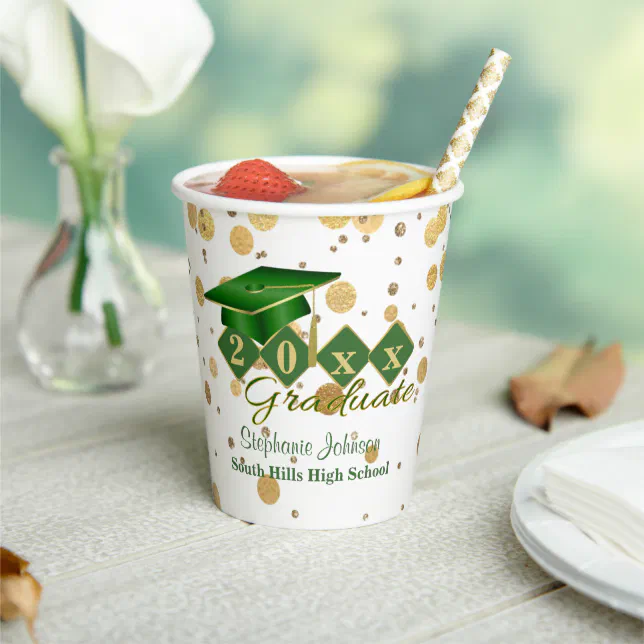 Graduation Party Green Gold Personalized Paper Cups | Zazzle