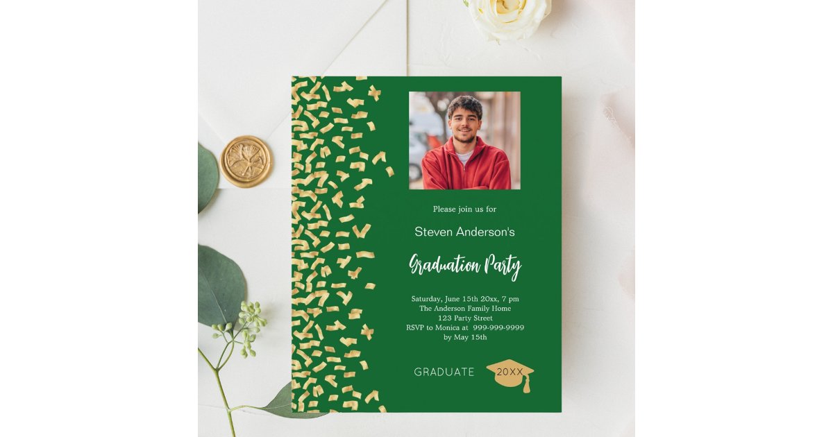 Graduation party green gold photo invitation | Zazzle
