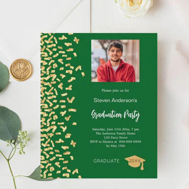 Graduation party green gold photo invitation | Zazzle