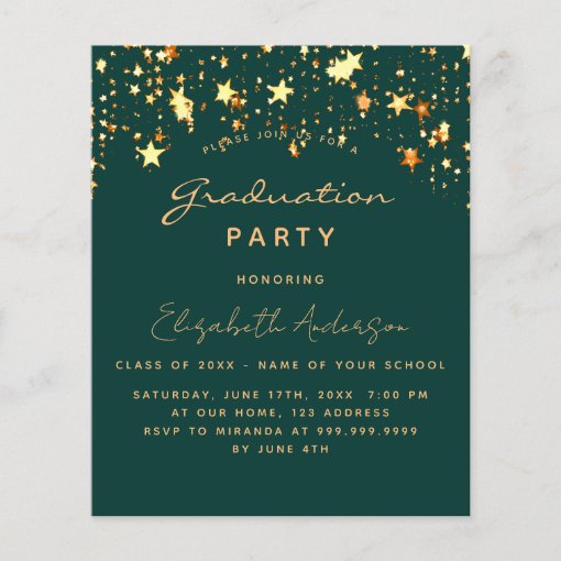 Graduation party green gold star budget invitation | Zazzle