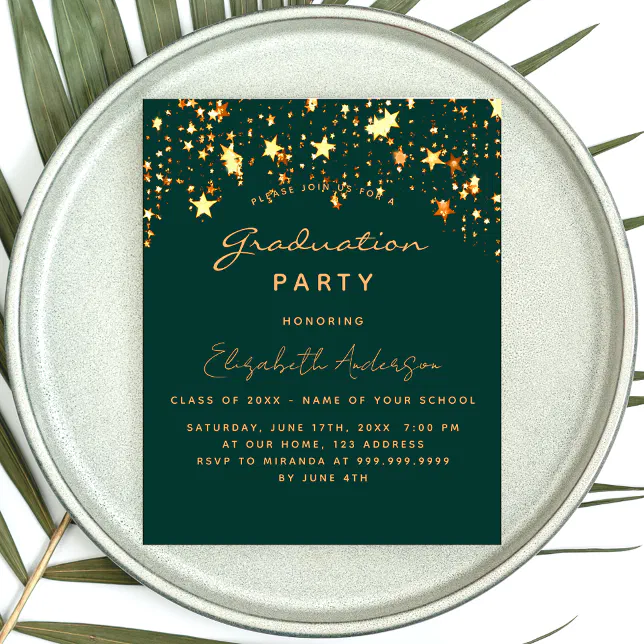 Graduation party green gold star budget invitation | Zazzle