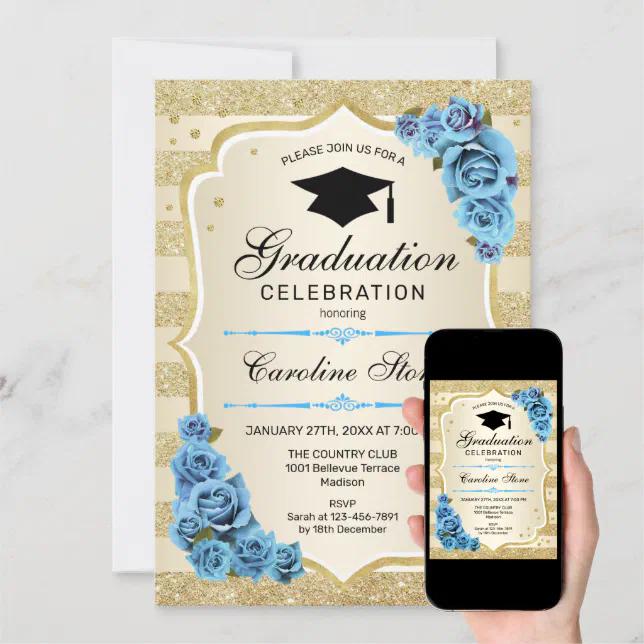 Graduation Party Invitation - Gold Blue | Zazzle
