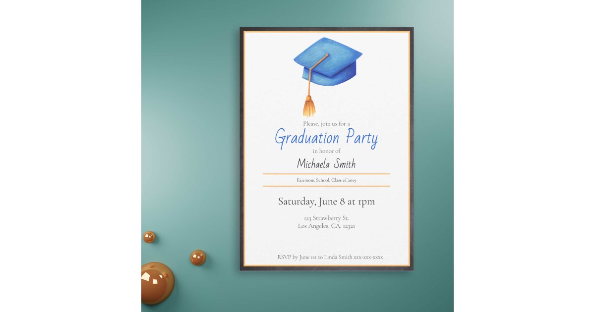 Graduation party invitation with a blue cap | Zazzle