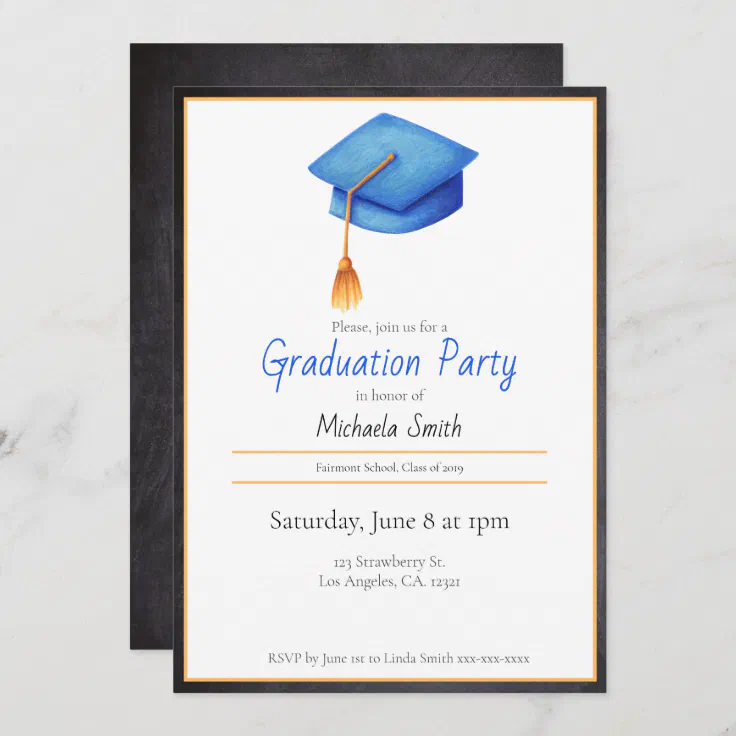 Graduation party invitation with a blue cap | Zazzle