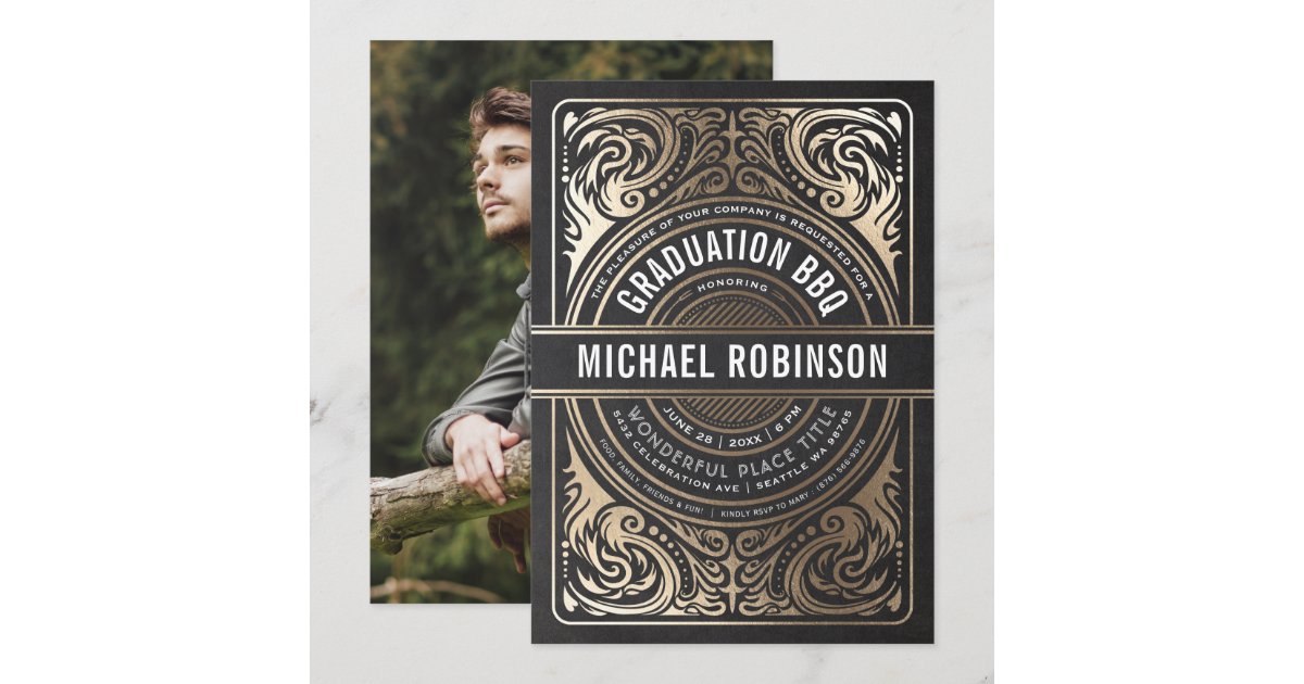 Graduation Party Invitations Gold Foil Black Photo | Zazzle