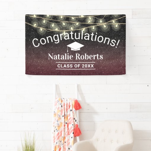 Graduation Party Modern Burgundy Red Black Glitter Banner | Zazzle