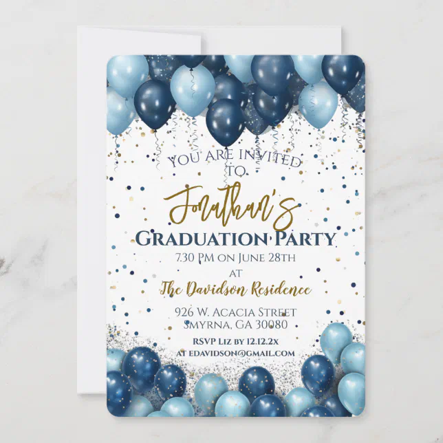 Graduation Party Navy Blue Balloons Invitation | Zazzle
