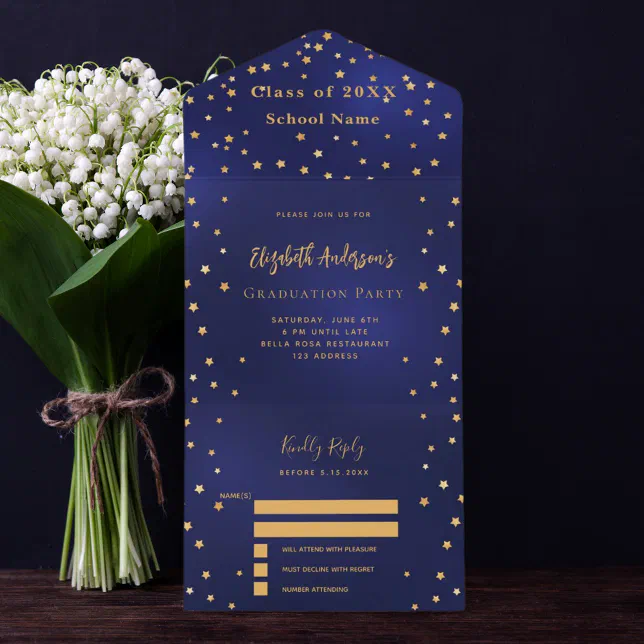 Graduation party navy blue gold stars RSVP All In One Invitation | Zazzle