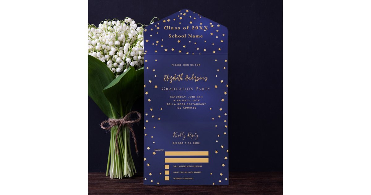 Graduation party navy blue gold stars RSVP All In One Invitation | Zazzle