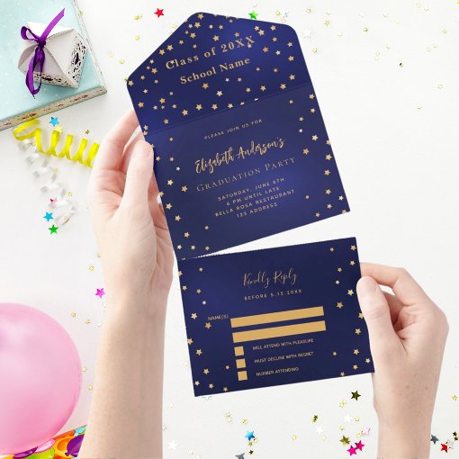 Graduation party navy blue gold stars RSVP All In One Invitation | Zazzle