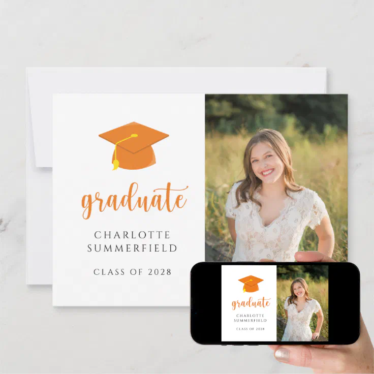 Graduation Party Orange Gold Cap Tassel Photo Invitation | Zazzle