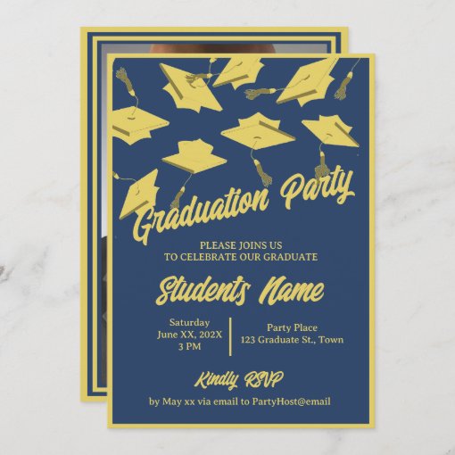 Graduation Party Photo Blue and Gold Mortarboards Invitation | Zazzle