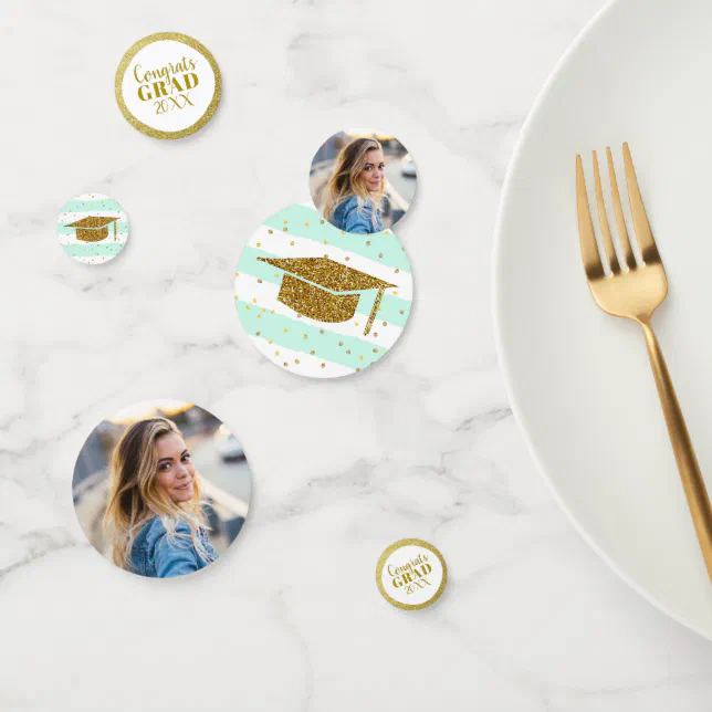Graduation Party Photo Gold Glitter Mint Table Confetti | Zazzle