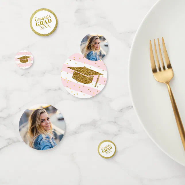 Graduation Party Photo Gold Glitter Pink Table Confetti | Zazzle