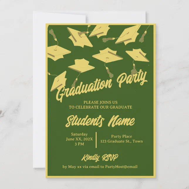 Graduation Party Photo Green and Gold Mortarboard Invitation | Zazzle
