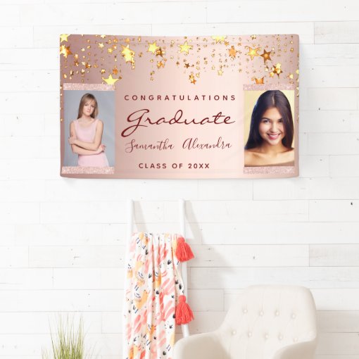 Graduation party photo rose gold stars duo banner | Zazzle