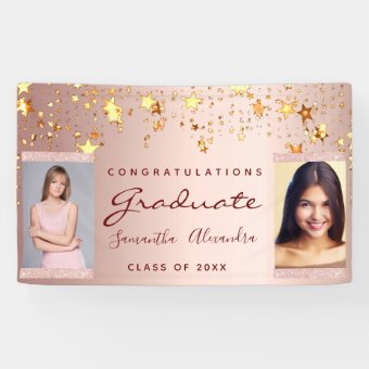 Graduation party photo rose gold stars duo banner | Zazzle