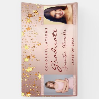 Graduation party photo rose gold stars duo banner | Zazzle