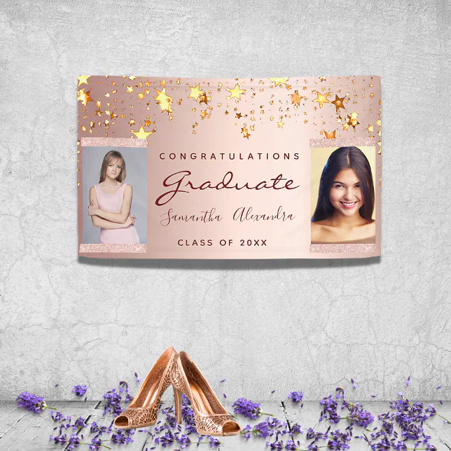 Graduation party photo rose gold stars duo banner | Zazzle