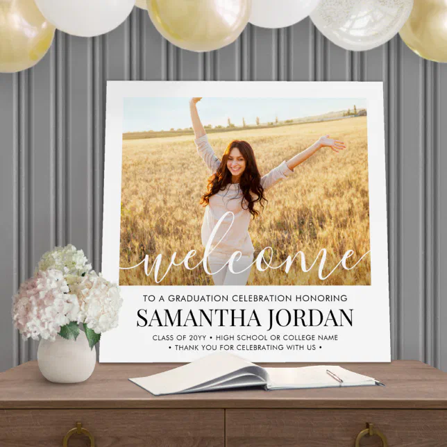Graduation Party Photo White Script Square Welcome Foam Board | Zazzle