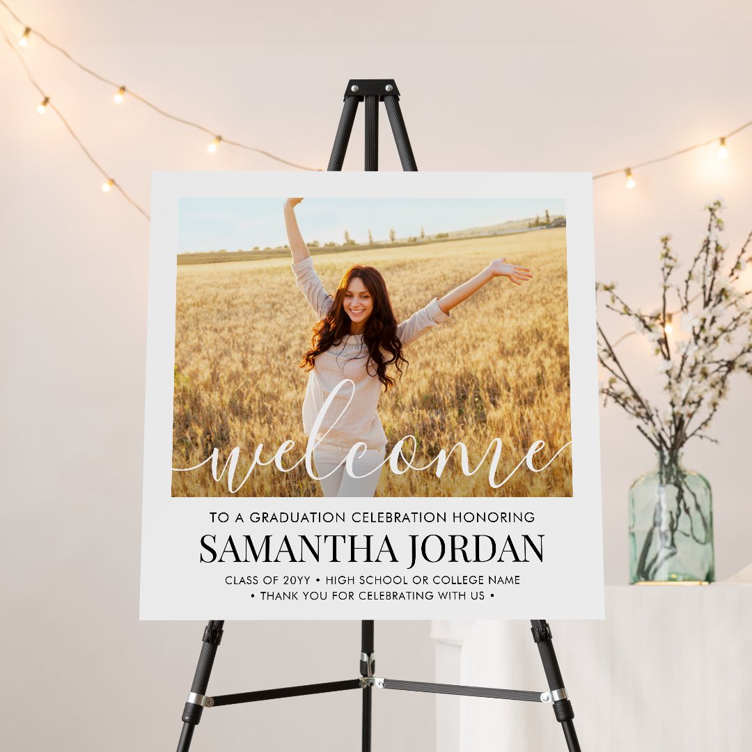 Graduation Party Photo White Script Square Welcome Foam Board | Zazzle