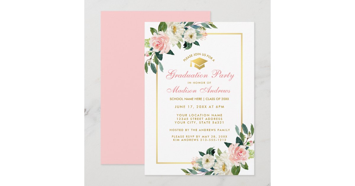 Graduation Party Pink Floral Gold Invitation Pk | Zazzle