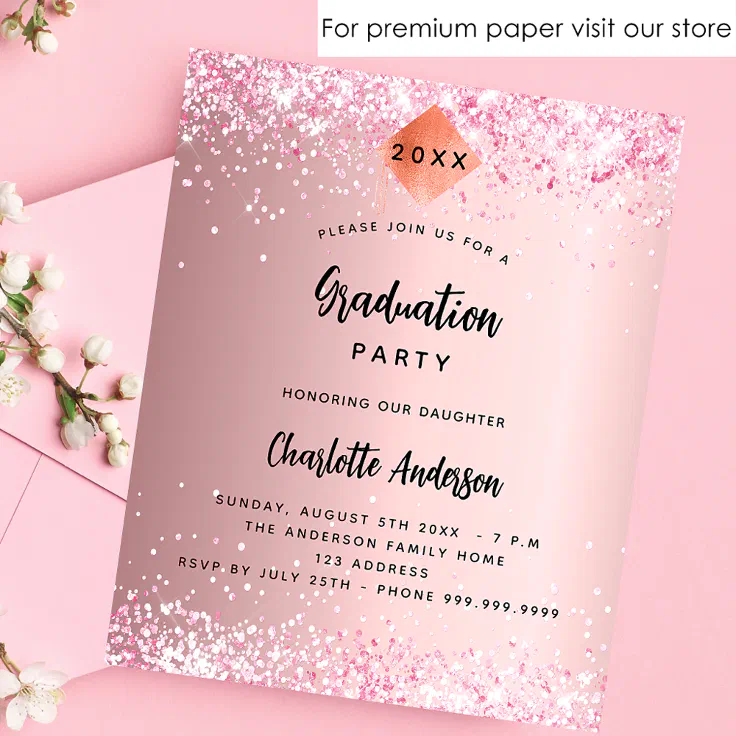 Graduation party pink glitter budget invitation | Zazzle