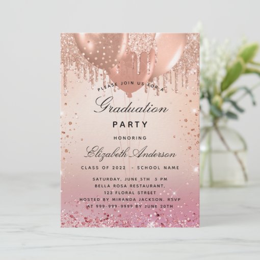 Graduation party pink rose gold balloons luxury invitation | Zazzle
