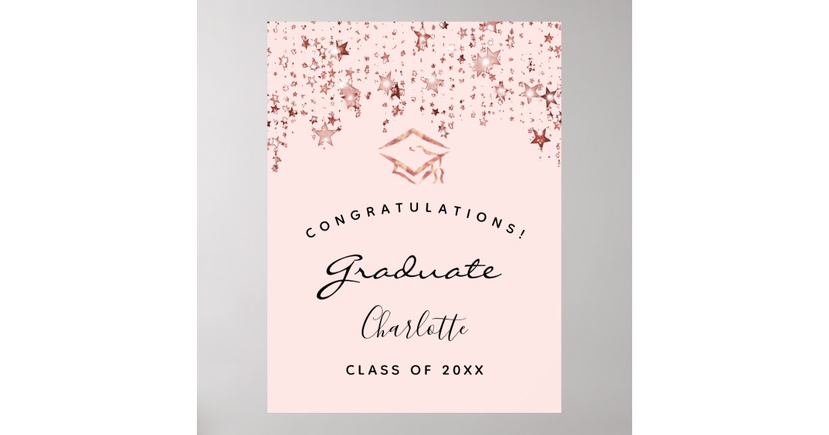 Graduation party pink rose gold stars poster | Zazzle