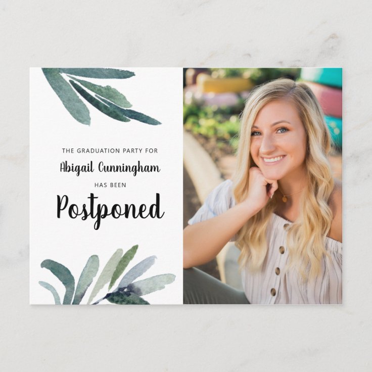 Graduation Party Postponed Watercolor Greenery Postcard | Zazzle