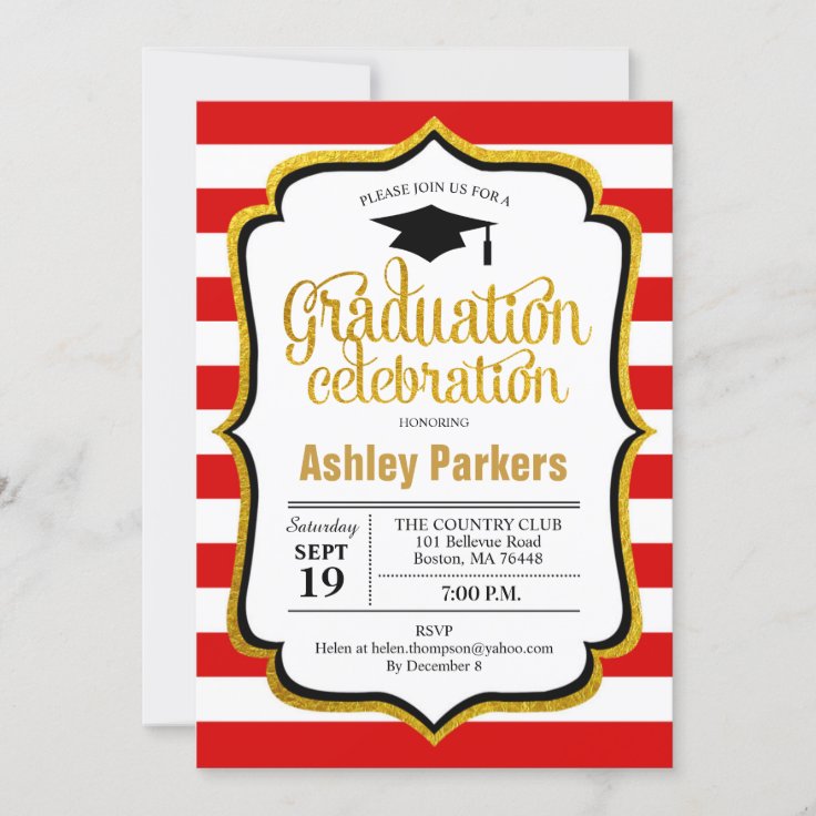 Graduation Party - Red Gold Black White Invitation | Zazzle