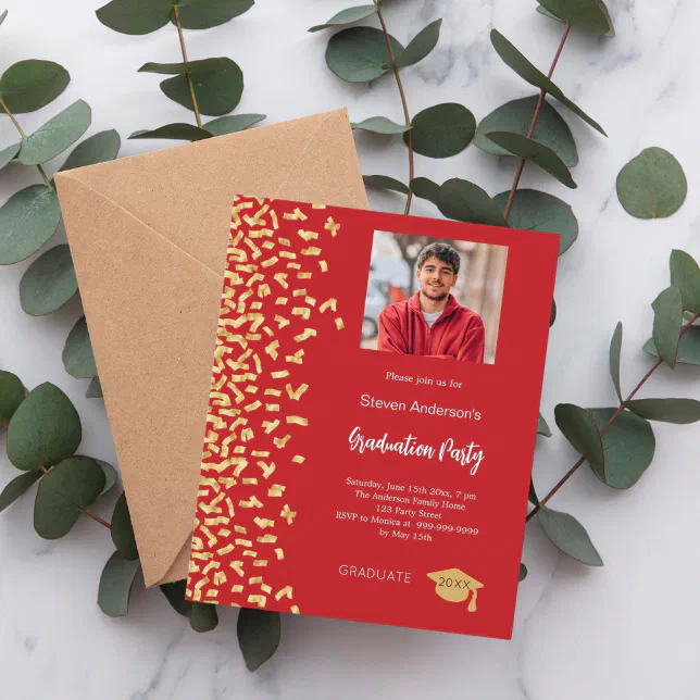 Graduation party red gold photo invitation | Zazzle