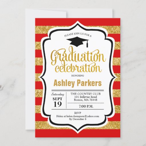 Graduation Party - Red Gold Stripes Invitation | Zazzle
