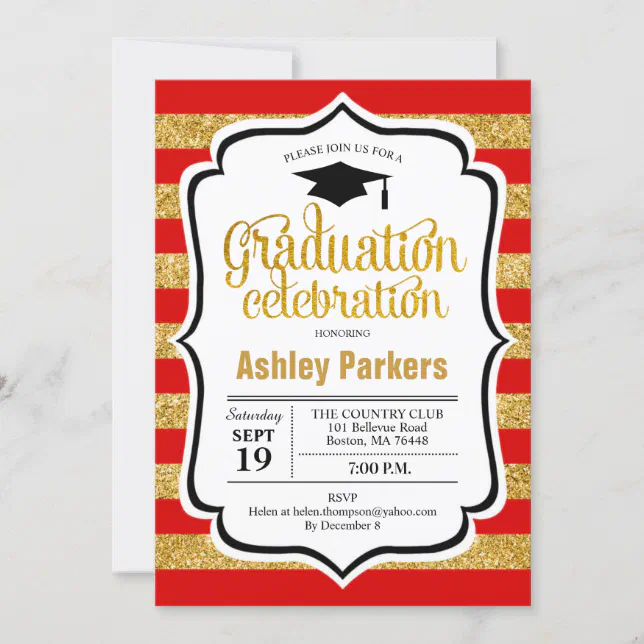 Graduation Party - Red Gold Stripes Invitation | Zazzle