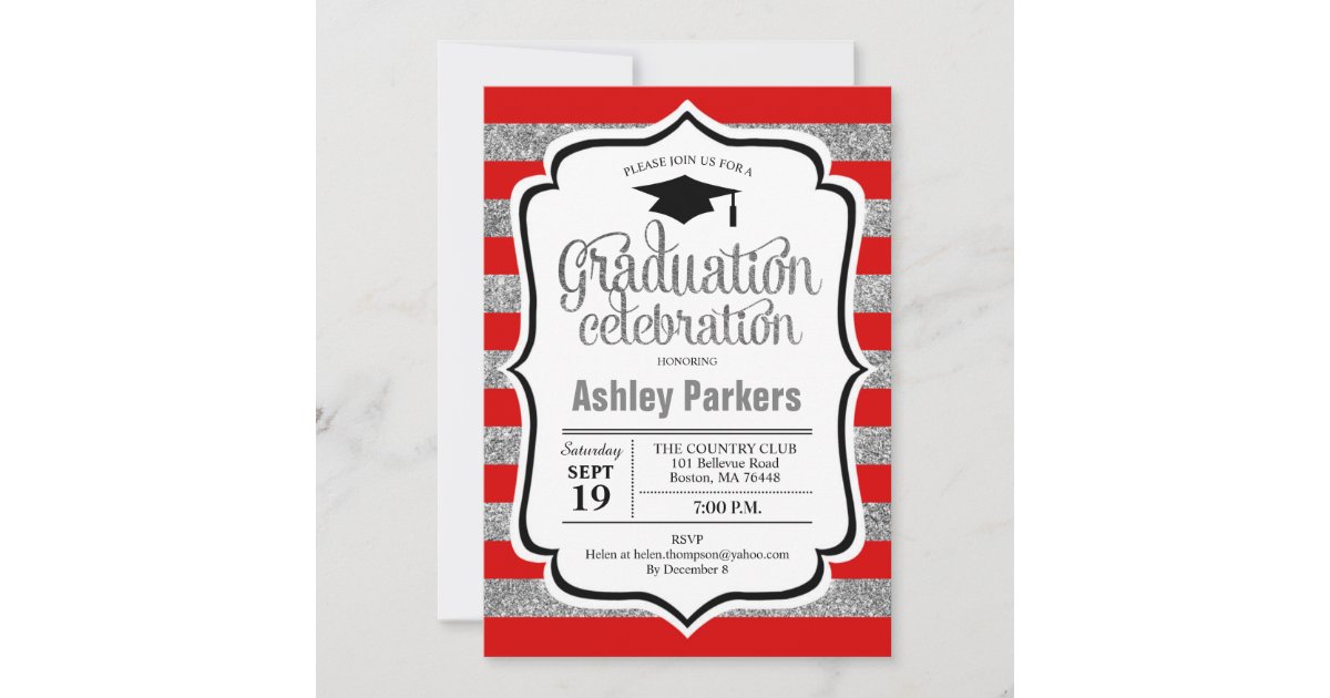 Graduation Party - Red Silver Stripes Invitation | Zazzle