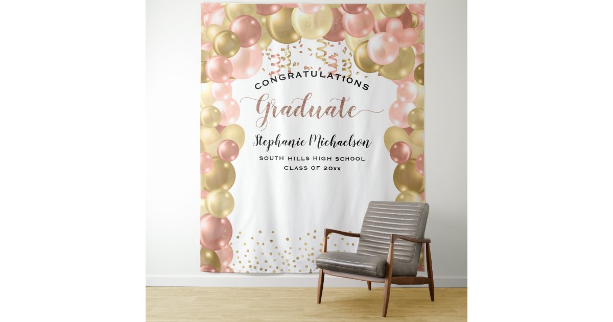 Graduation Party Rose Gold Balloons Streamers Tapestry | Zazzle