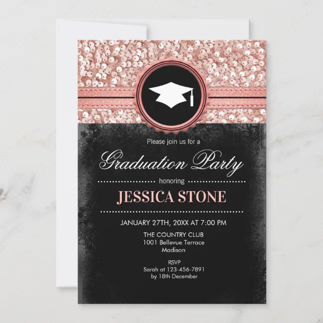 Graduation Party - Rose Gold Black Invitation | Zazzle